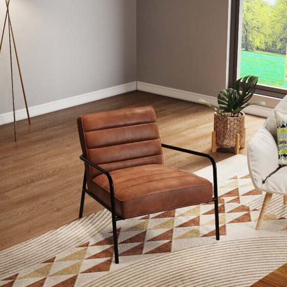 PU Leather Upholstered Accent Chair Metal Based Tan Armchair ...